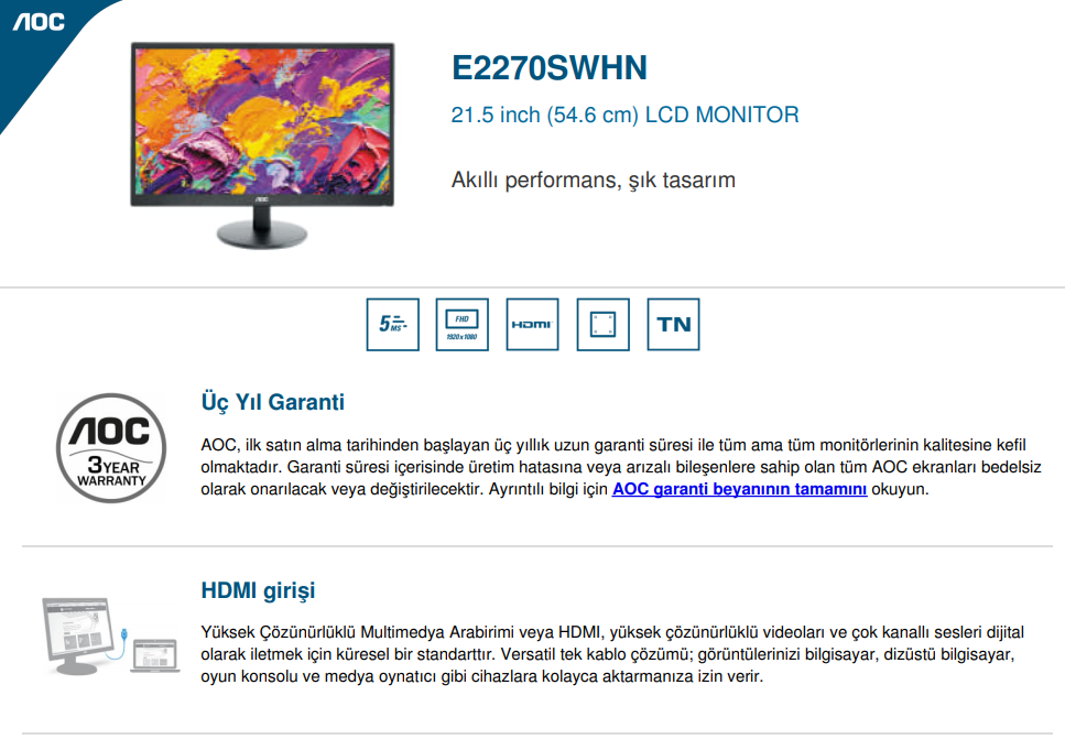 AOC E2270SWHN 21.5 5MS 1920x1080 VGA/HDMI VESA SİYAH LED MONITOR