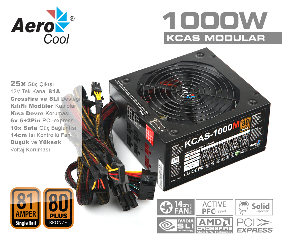 AEROCOOL KCAS 1000W 80+ BR 14Cm Fanlı POWER SUPPLY AKTIF PFC AE-KCAS1000M