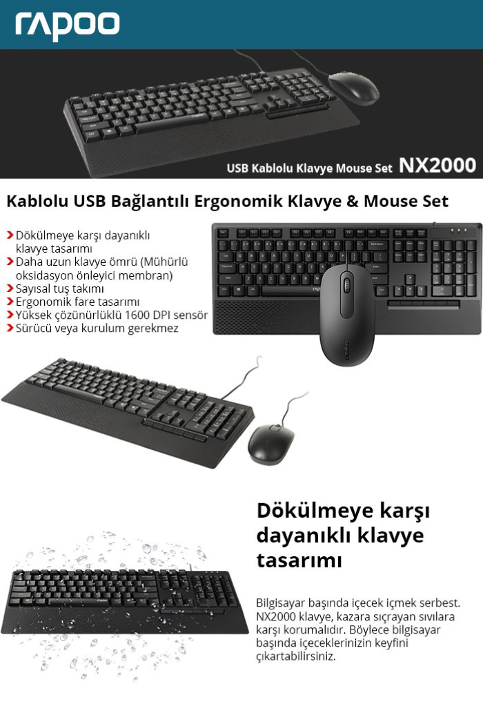 RAPOO NX2000 USB SİYAH ERGONOMİK Q KLAVYE+MOUSE